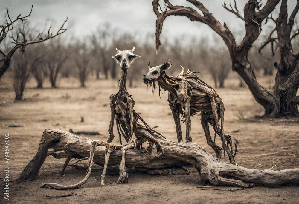 Poster The emaciated animal with a withered tree with no leaves conveys ...