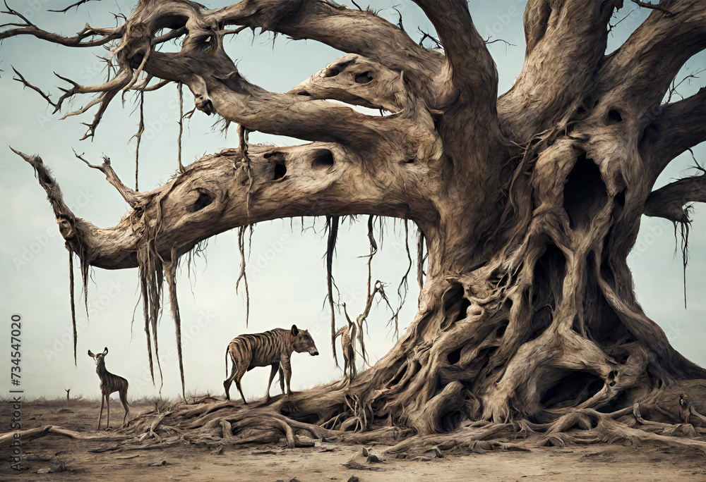 The emaciated animal with a withered tree with no leaves conveys a ...