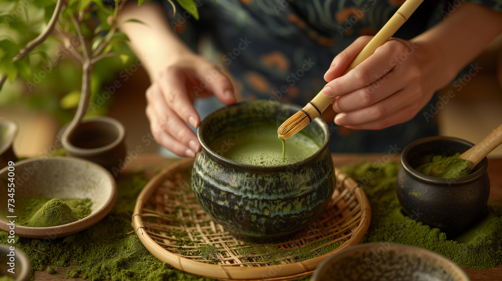 Hands mixing in fresh matcha powder into a delicious tea drink. Using ...