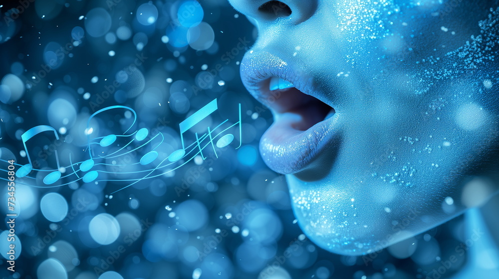 A person's face is covered in sparkling blue particles, with musical ...