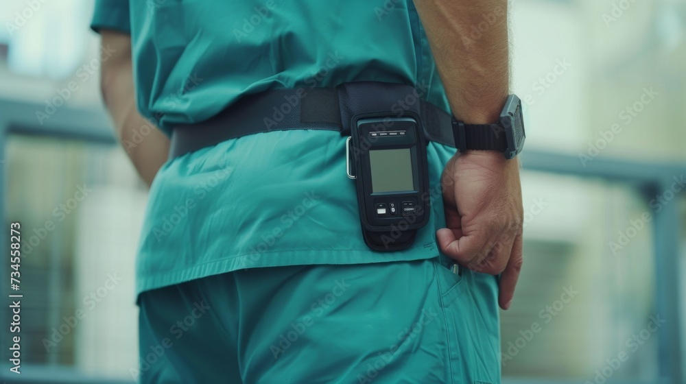 healthcare professional is captured mid-walk, adorned in teal scrubs ...