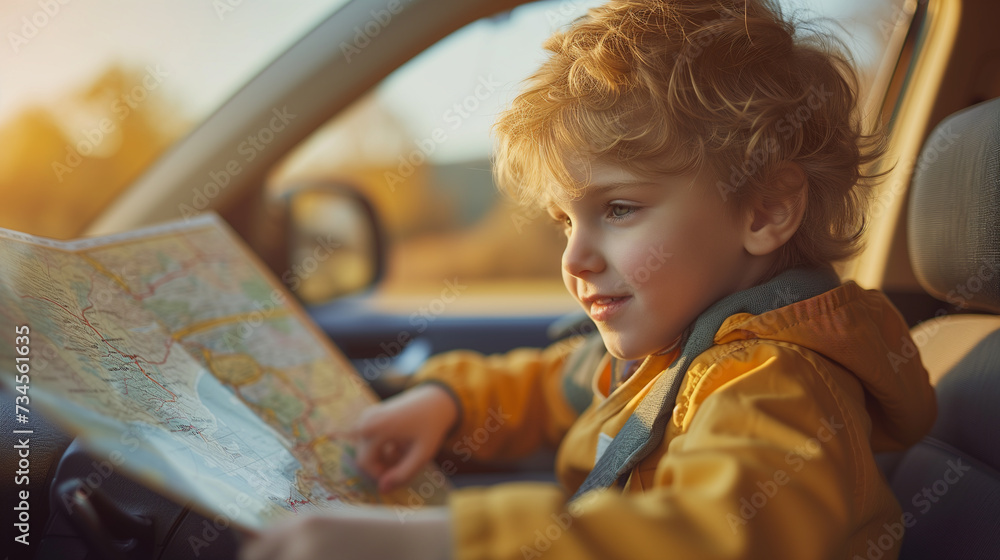 Young boy with a map inside the car, mapping out a journey. Stock Photo ...
