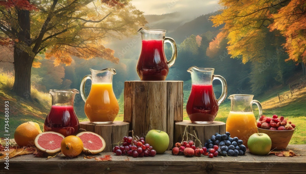 Podium stage in beautiful nature with various types of fresh fruit ...