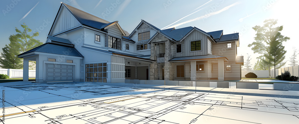 An illustration depicting the construction of a house, featuring a 3D ...