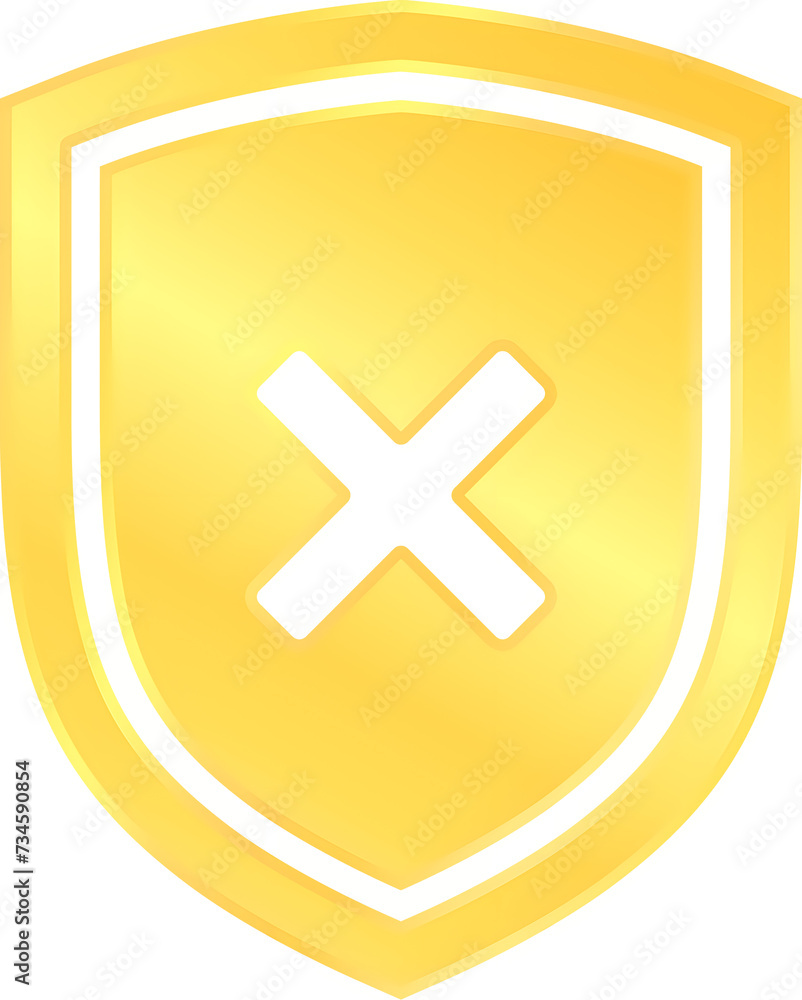 Realistic golden shield with X cross of false wrong bad incorrection ...