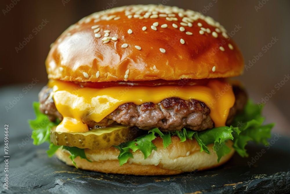 cheeseburger with a brown color and a pickle and a professional overlay ...