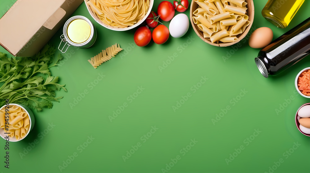 Food donation on green background with text space, caned food, eggs ...