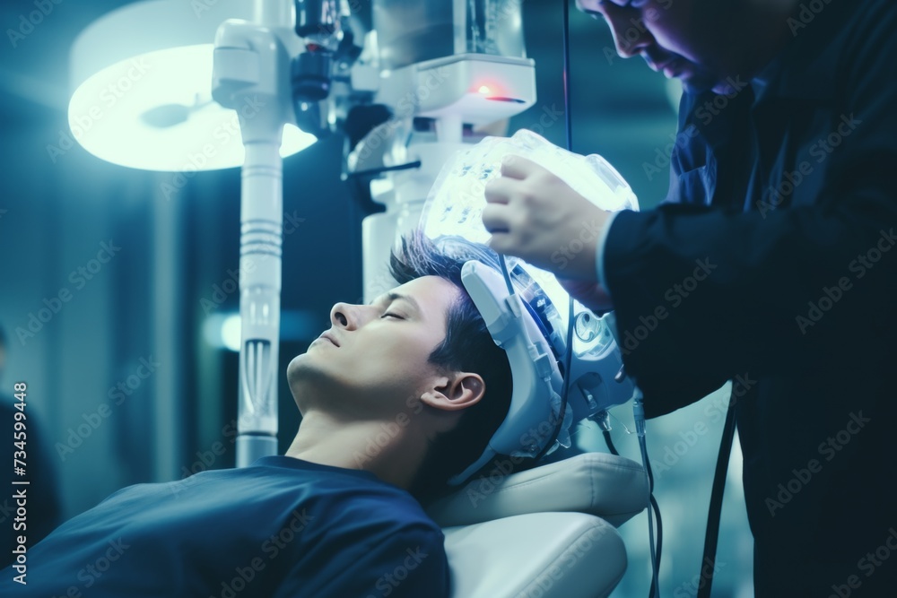 Cutting-edge medical procedure. Doctor inserts neurochip into patients ...