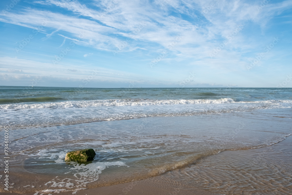 This serene seascape captures a single rock, clad in vibrant green ...