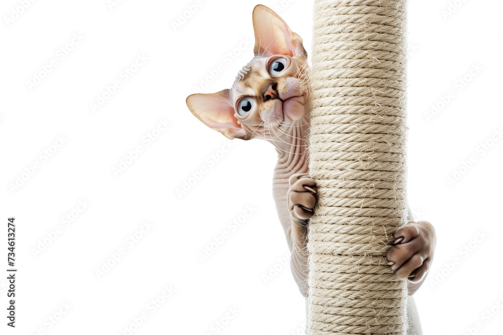 Sphynx cat sharpening claws on a scratching post, isolated on ...