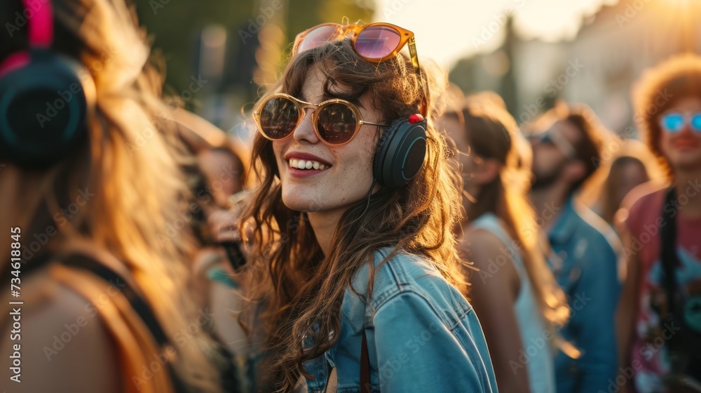 Sunlit Crowd Enjoying Outdoor Silent Disco with Wireless Headphones ...
