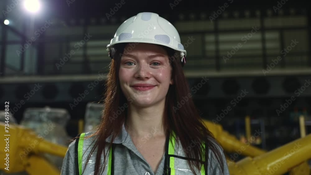 Portrait beautiful caucasian female electronics engineer wearing hat ...