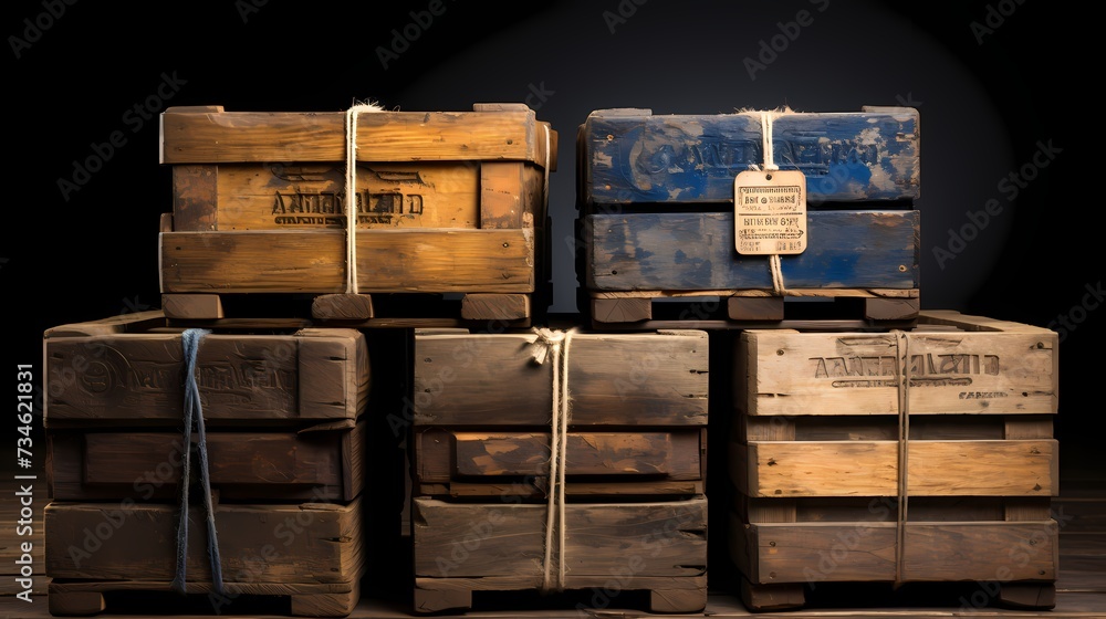 A stack of weathered wooden crates, each bearing the marks of time and ...