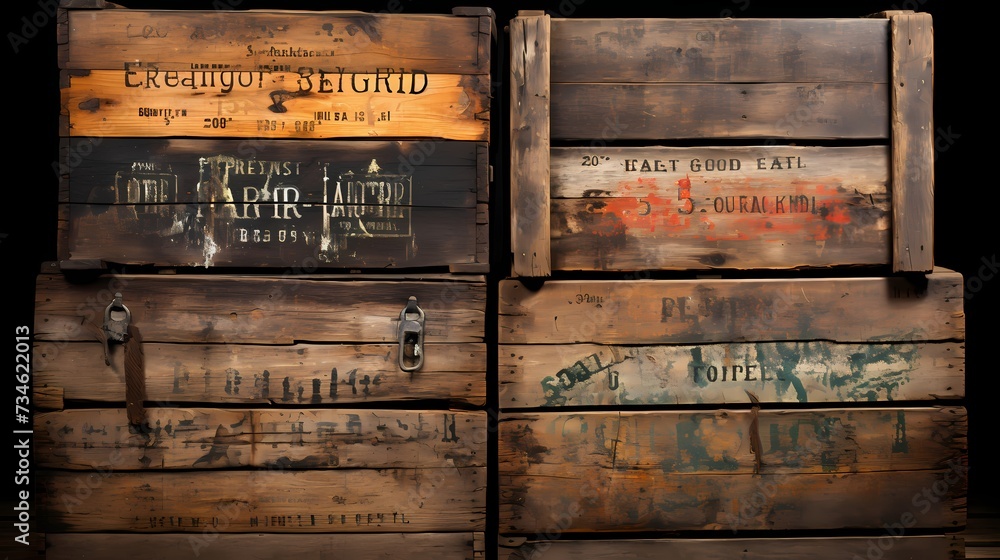 A stack of weathered wooden crates, each bearing the marks of time and ...