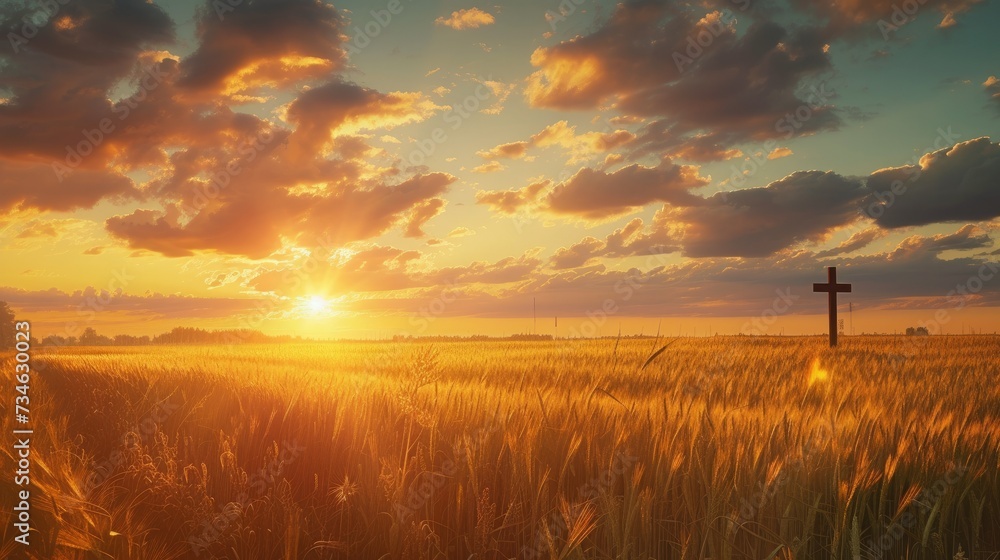 Cross in Field at Sunset, Symbol of Peace and Serenity in Natur Stock ...