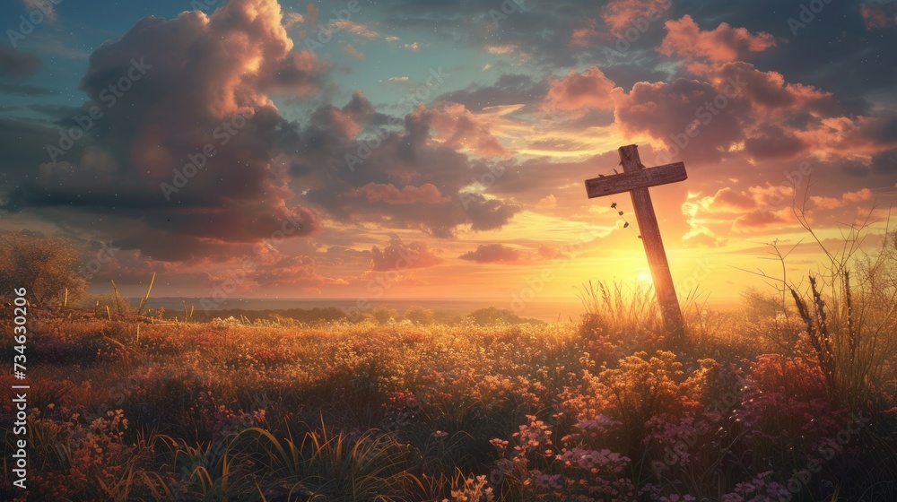 Cross in Field at Sunset, Symbol of Peace and Serenity in Natur Stock ...