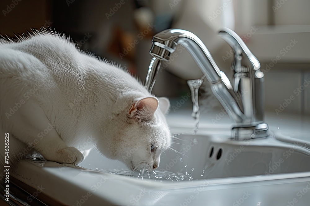 Feline hydrating itself by lapping water from a metallic faucet. Stock ...