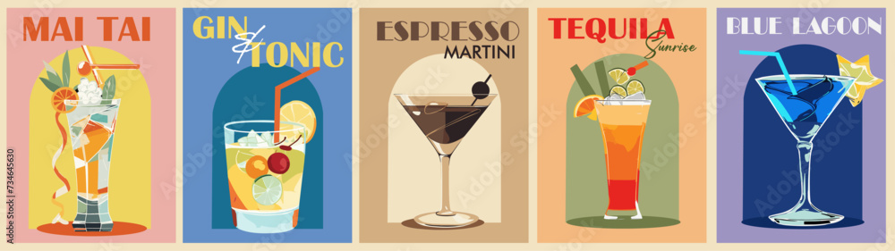 Cocktail posters set, Trendy printable kitchen wall art, bar cart decor ...