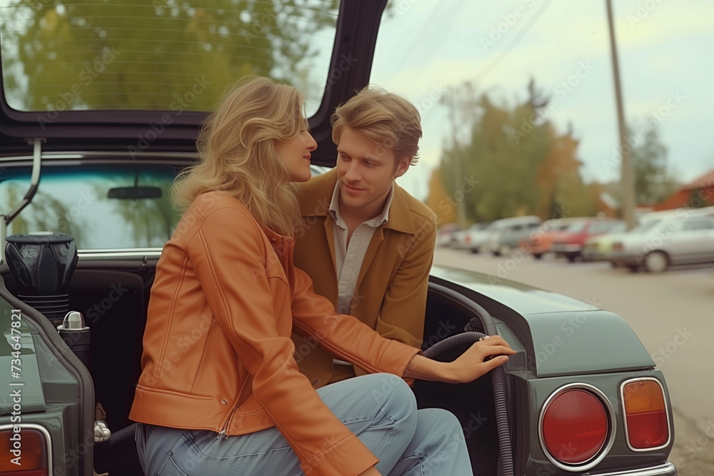 man and woman enjoying their car's trunk and gas, in the style of ...