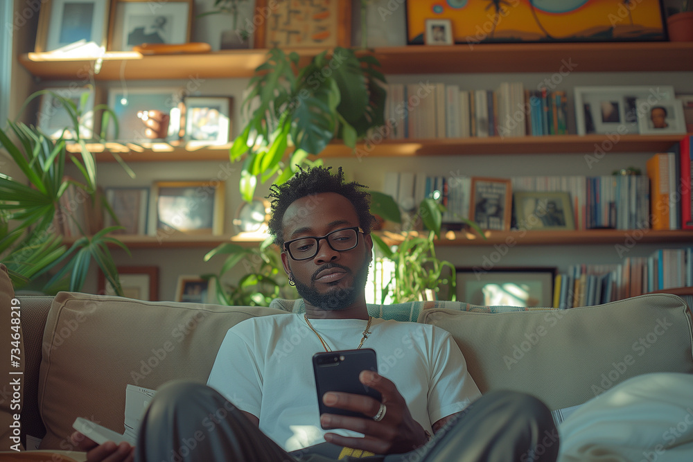 man sitting on couch and using phone in living room to read, in the ...