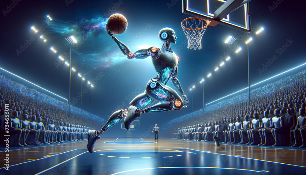 AI humanoid robot executing perfect basketball slam dunk in futuristic ...