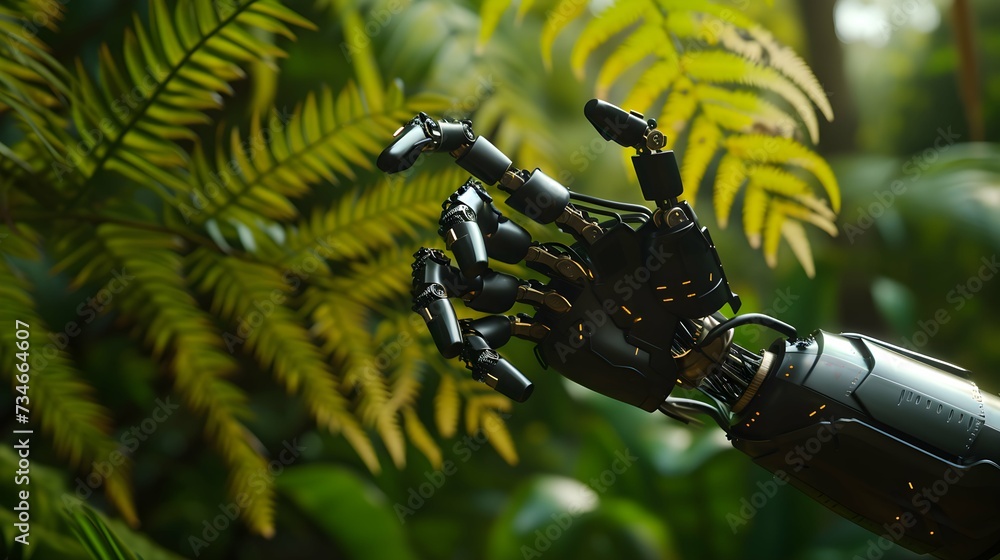 Robot hand and a fern leaf, Fern forest background. Future technology ...