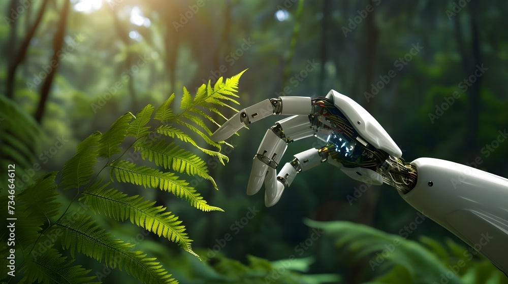 Robot hand and a fern leaf, Fern forest background. Future technology ...
