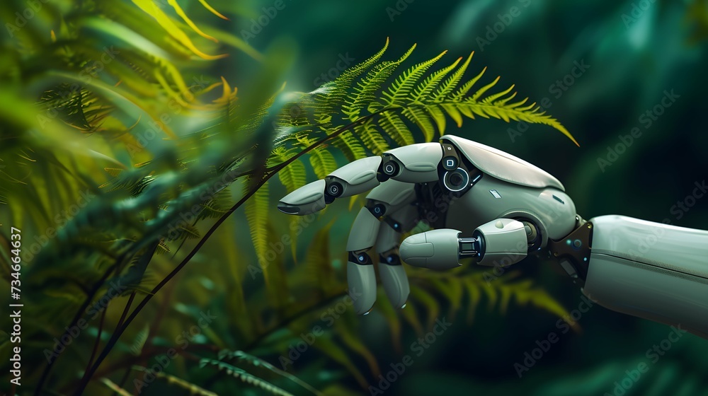Robot hand and a fern leaf, Fern forest background. Future technology ...