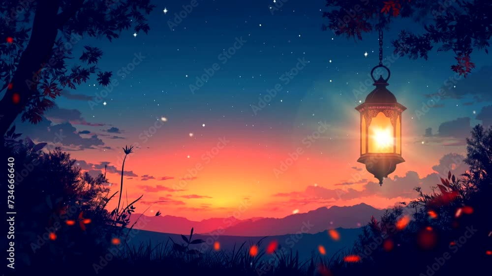 Lantern in the forest with fireflies on sunset and shooting stars ...
