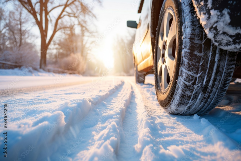 Winter tires grip the snow-covered road, providing safe traction for a ...