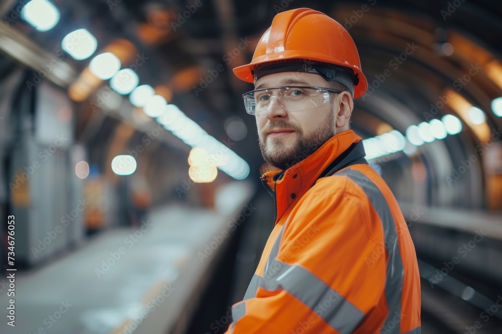 Engineer in safety gear inspects railway switch at station, ensuring ...
