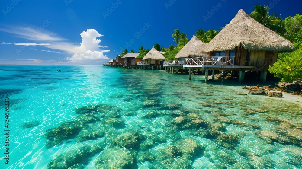Exotic beach hut village with overwater bungalows and coral reefs Stock ...