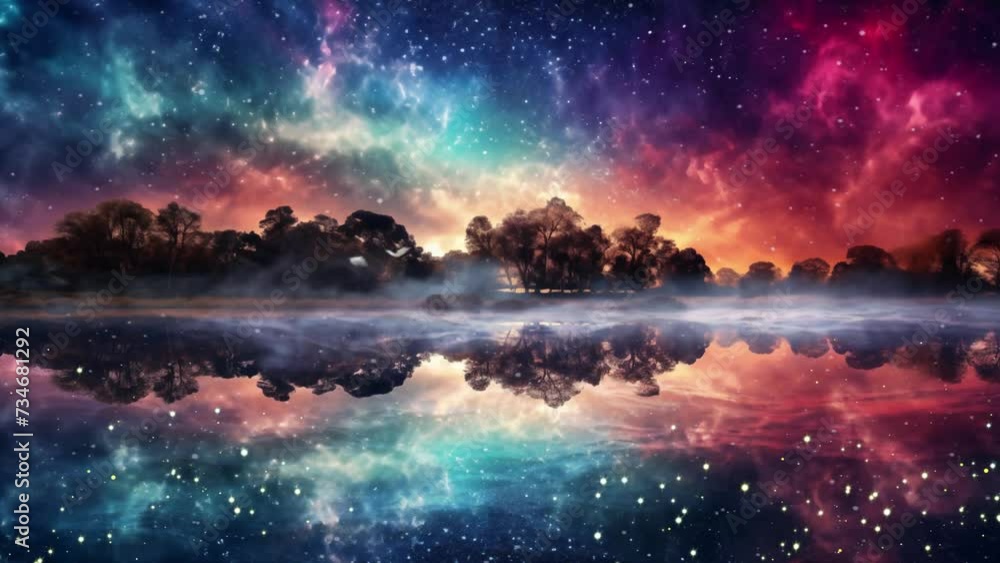 sunrise over the lake with cosmic sky. an awe inspiring ...