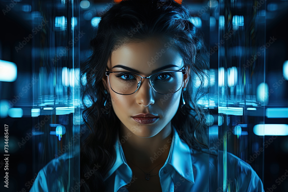 Reflection of Clarity: Enigmatic woman with glasses contemplates her ...