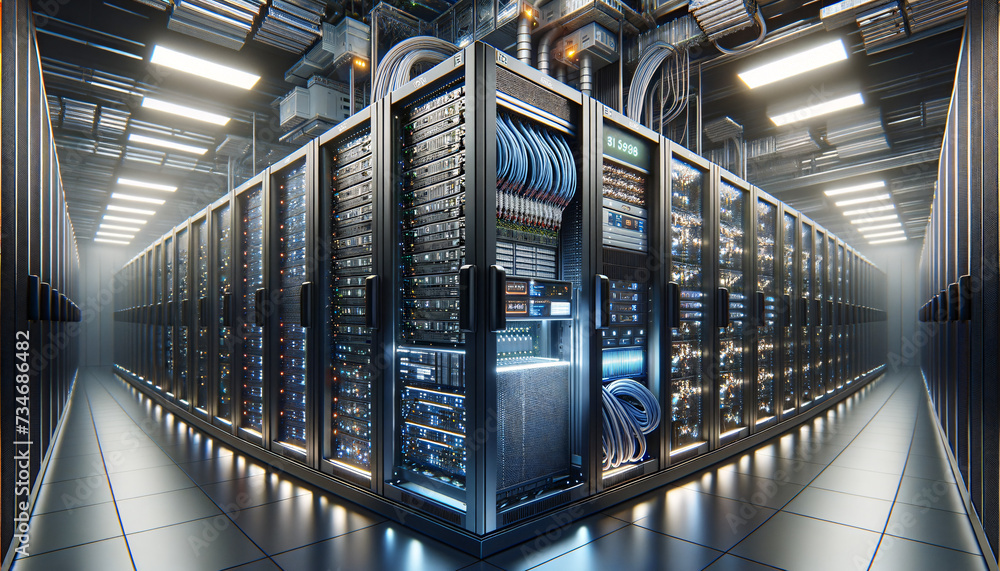 High-Tech Server Rack with Real-Time Trading Data and LED Indicators ...