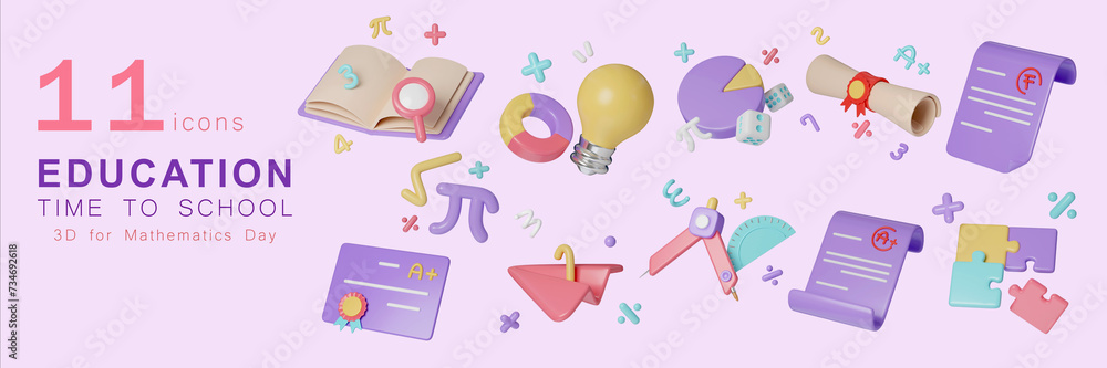 3D back to school icon set, For mathematics day and Pie day concept ...