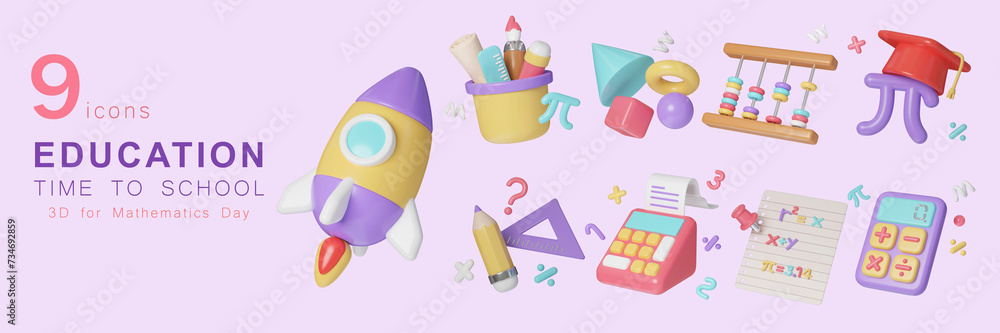 3D back to school icon set, For mathematics day and Pie day concept ...