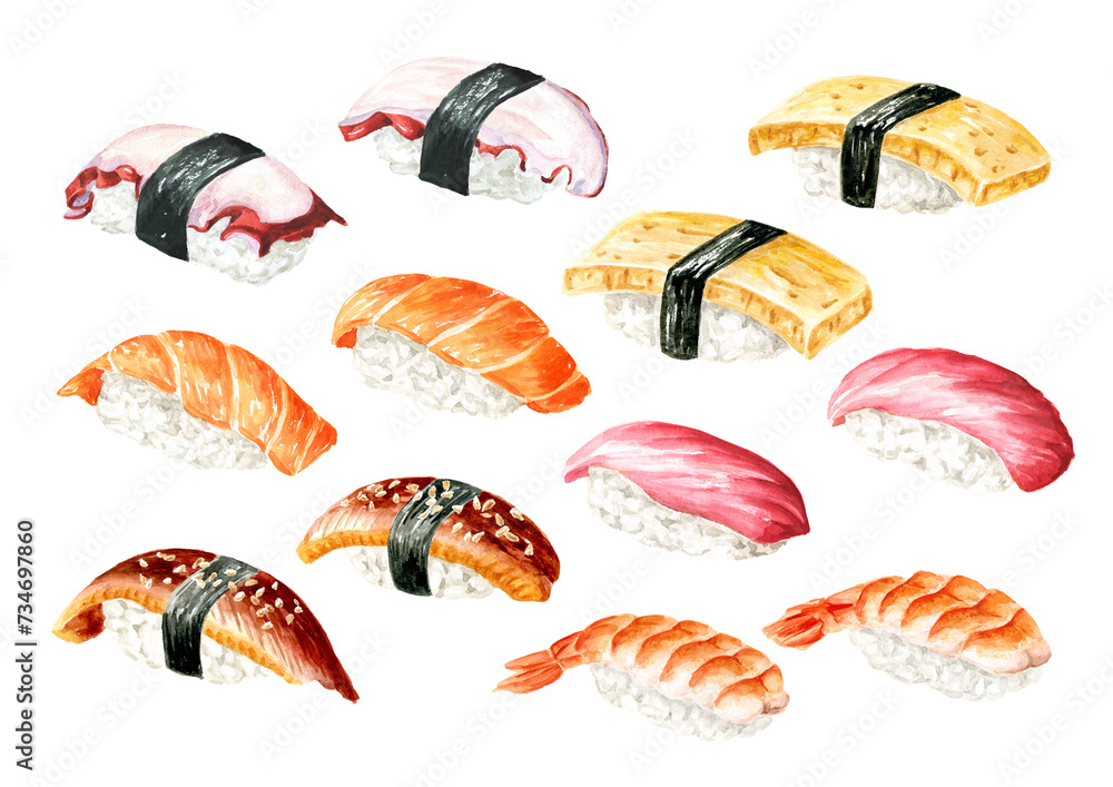 Nigiri Sushi Set with various types of filling. Hand drawn watercolor ...
