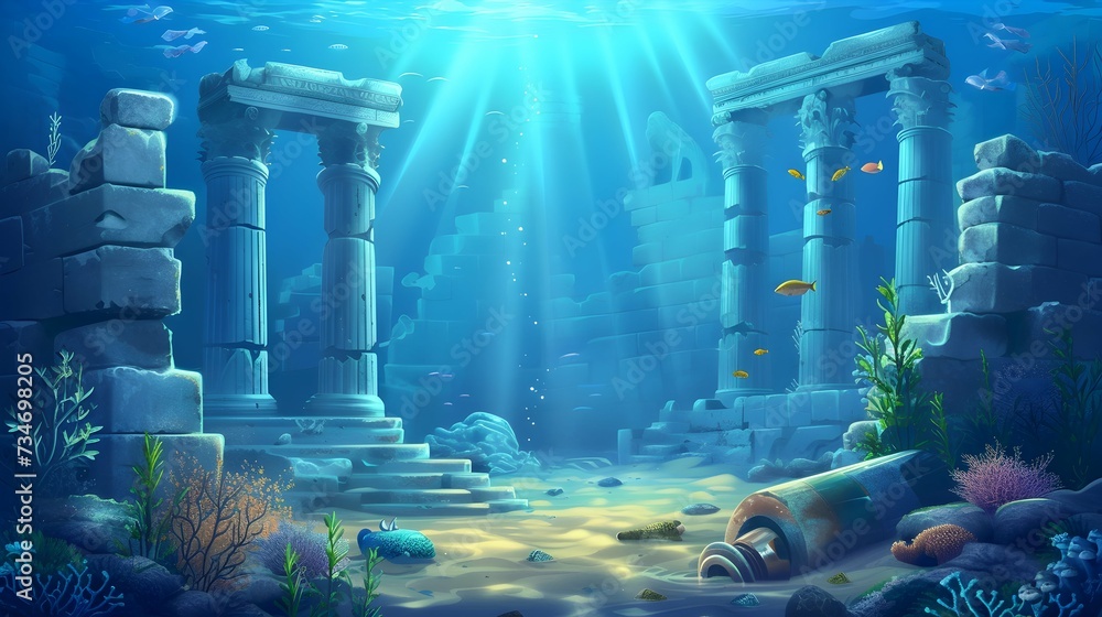 Atlantis ruins illustration screen to the computer game. Bright ...