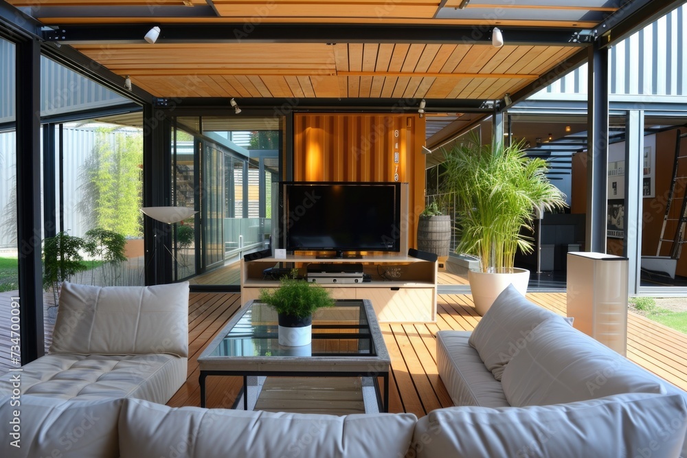 A reception room designed from a modified shipping container, elegant ...