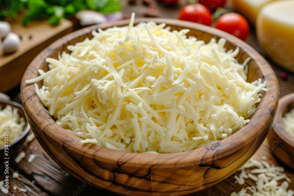 Grated part skim mozzarella an Italian cheese made of cow milk rolled ...
