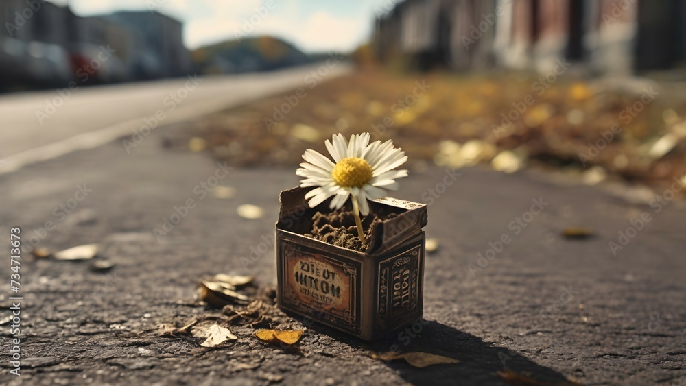 Medium close-up, realistic, A matchbox full of dirt with a beautiful ...