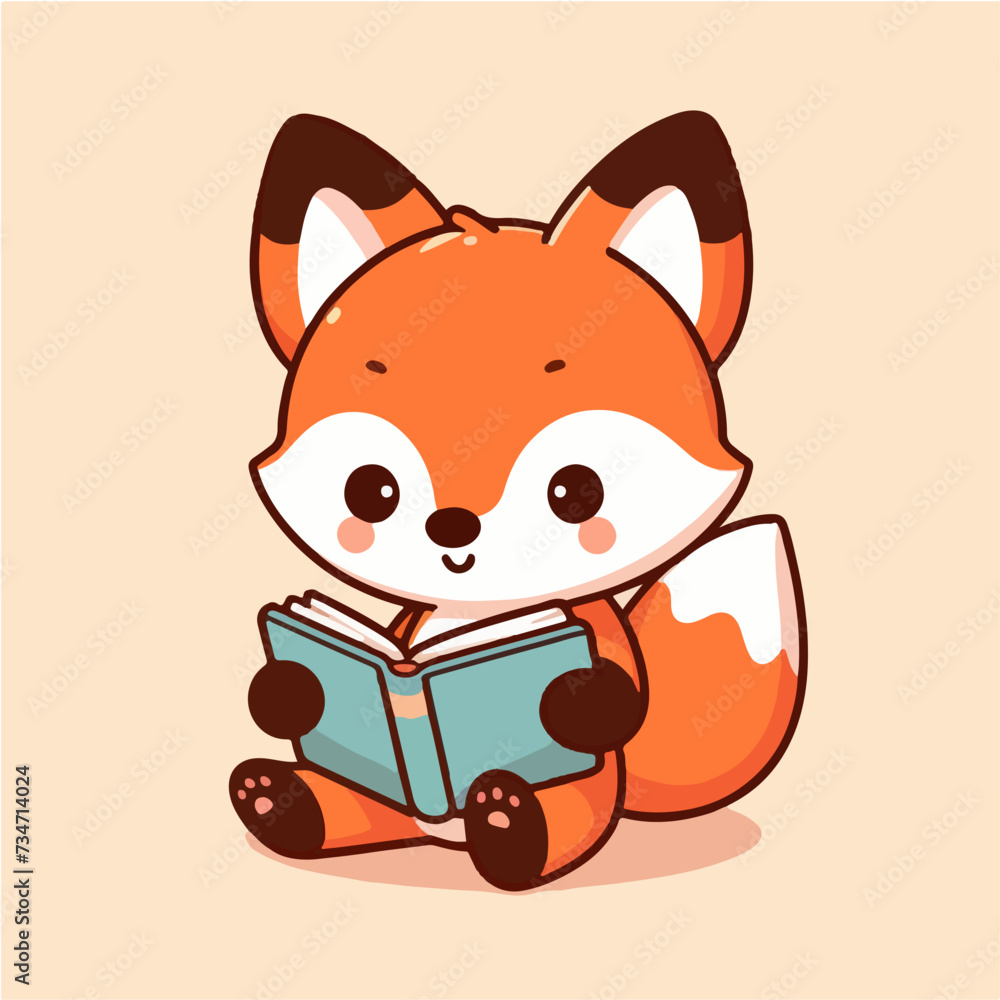 Cute fox studying while reading a book. Cartoon character mascot for ...