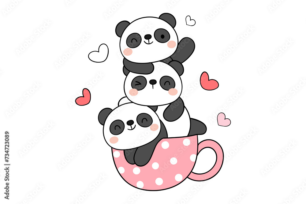 An illustration of a cute little three pandas with heart in a cup ...