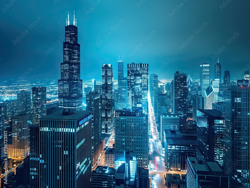 Breathtaking essence of urban skyline at night skyscrapers pierce ...