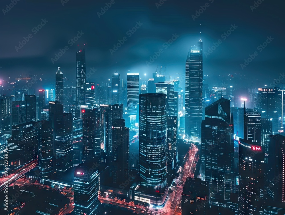 Breathtaking essence of urban skyline at night skyscrapers pierce ...