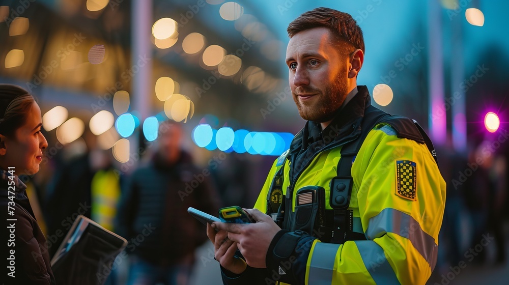 Using a high-visibility jacket, a police officer manages crowds at an ...