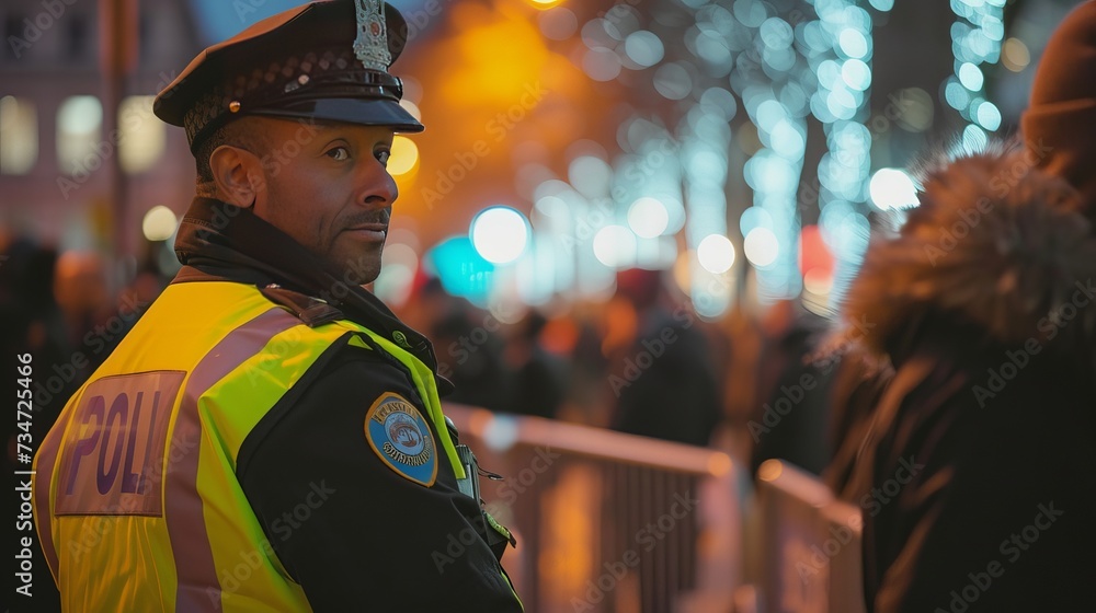 Using a high-visibility jacket, a police officer manages crowds at an ...