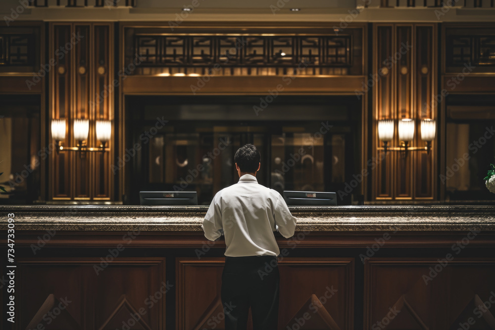 Man standing in front of counter in hotel. Can be used to depict hotel ...