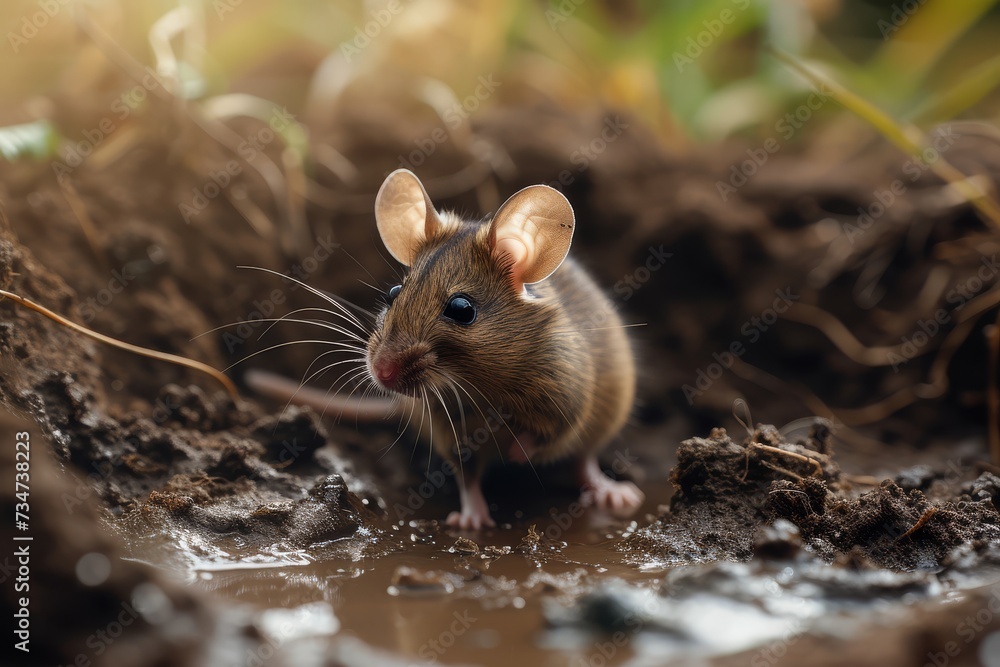 Curious wild mouse peeking out of a burrow in a natural habitat. Stock ...